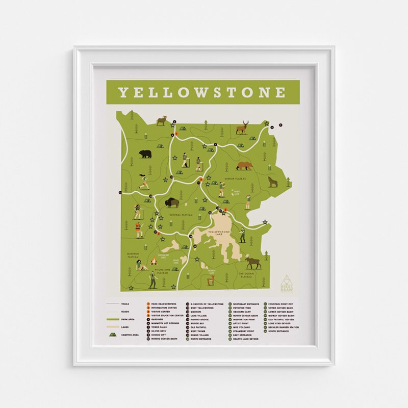 Yellowstone National Park Map Map Print Outdoors Wall Art - Etsy