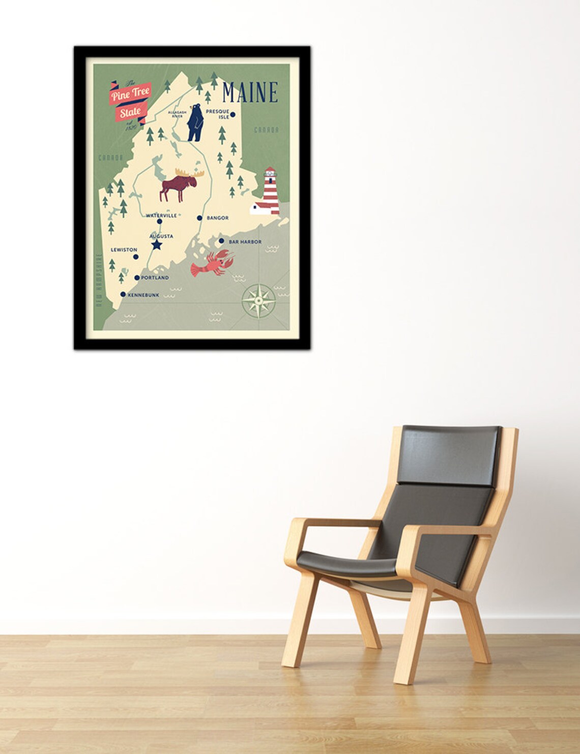 Maine Map, the Pine Tree State Map, Original Maine Map, Nursery Map ...