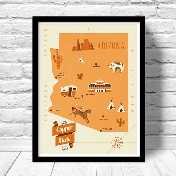 Arizona Map The Copper state map original illustrated map | Etsy