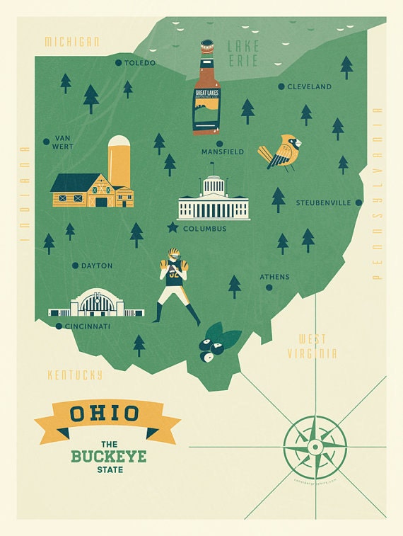 Ohio Map the Buckeye State Map Original Illustrated Map - Etsy