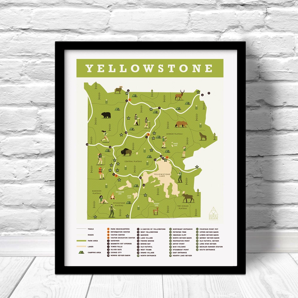 Yellowstone National Park Map, Map Print Outdoors Wall Art Hiking Art ...