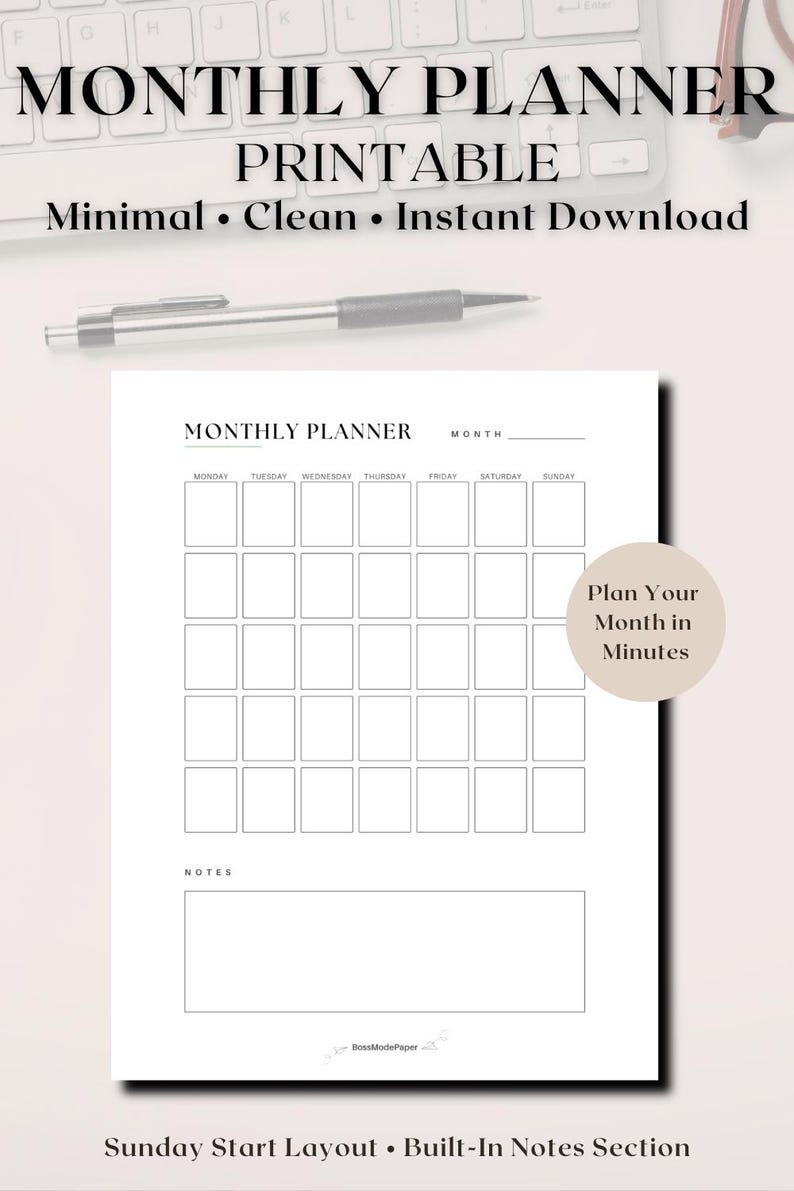 Monthly Planner Printable PDF | Minimalist Digital Planner | Instant ...
