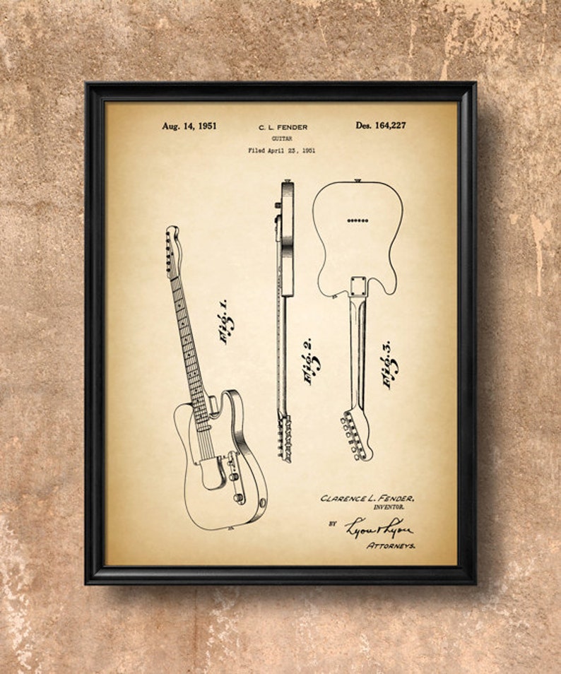 Retro 1951 Guitar - by Clarence L. Fender, Vintage Patent Illustration ...