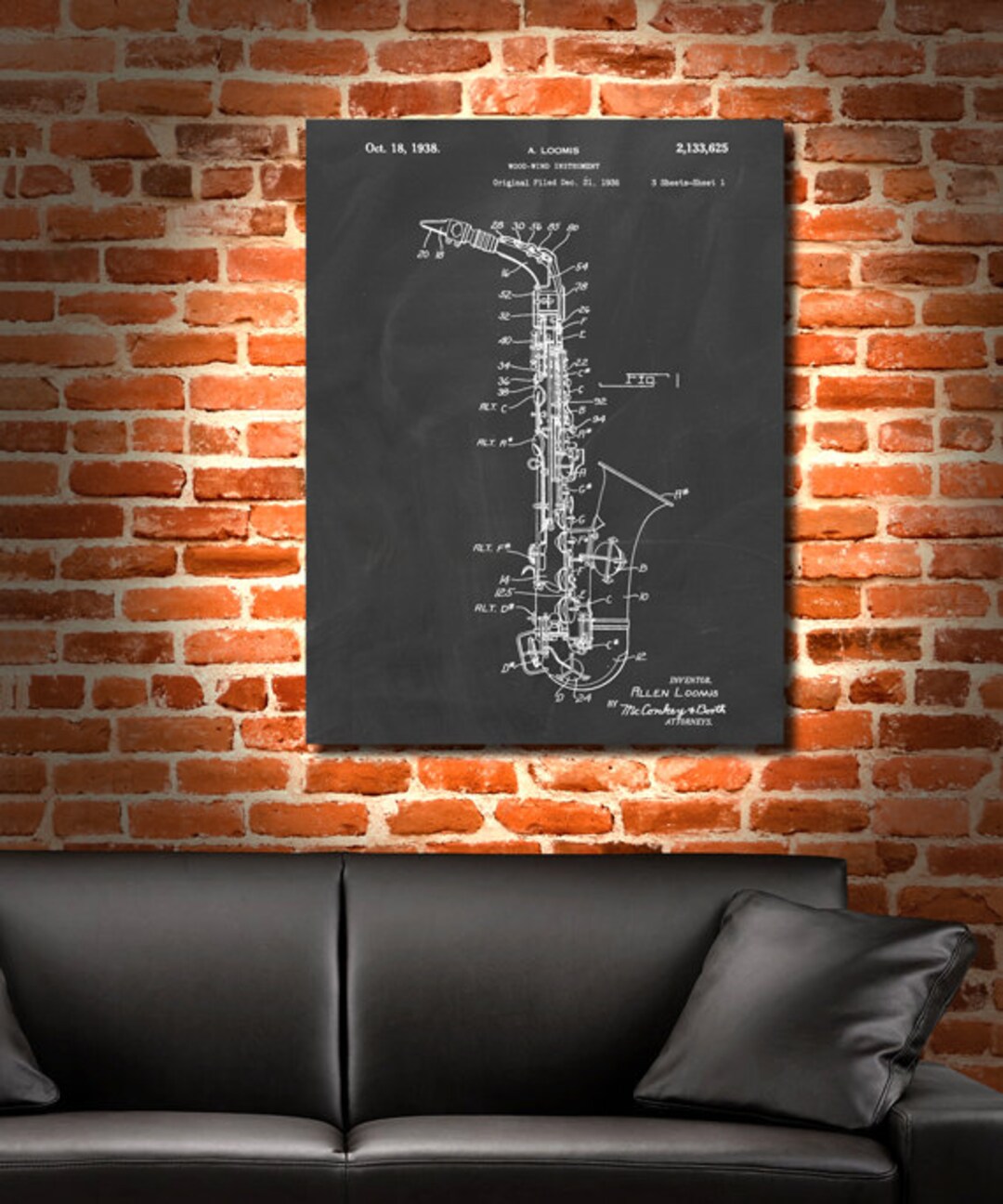 Retro 1938 Saxophone - Vintage Art Print Poster or Canvas, Patent ...