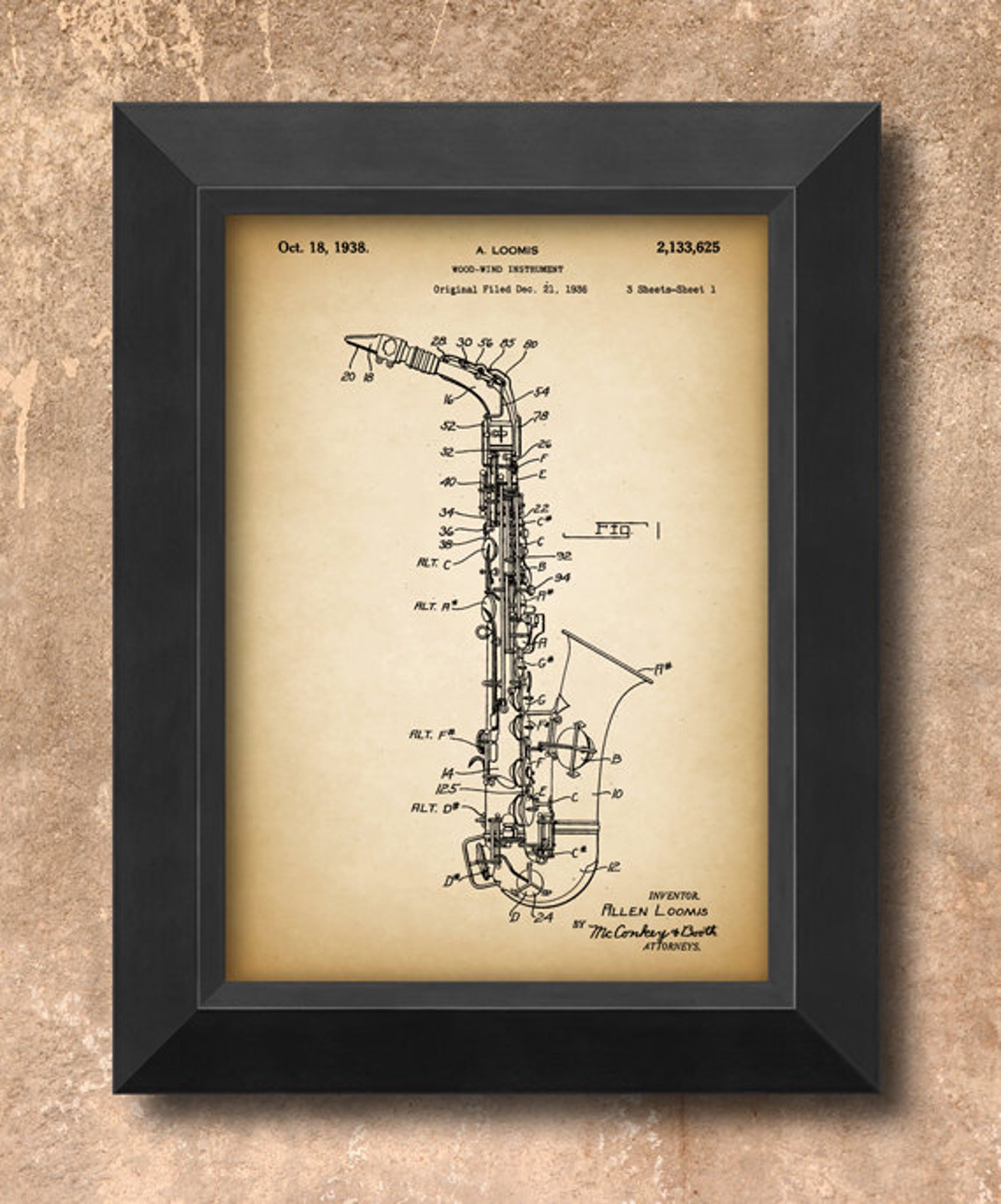 Retro 1938 Saxophone - Vintage Art Print Poster or Canvas, Patent ...
