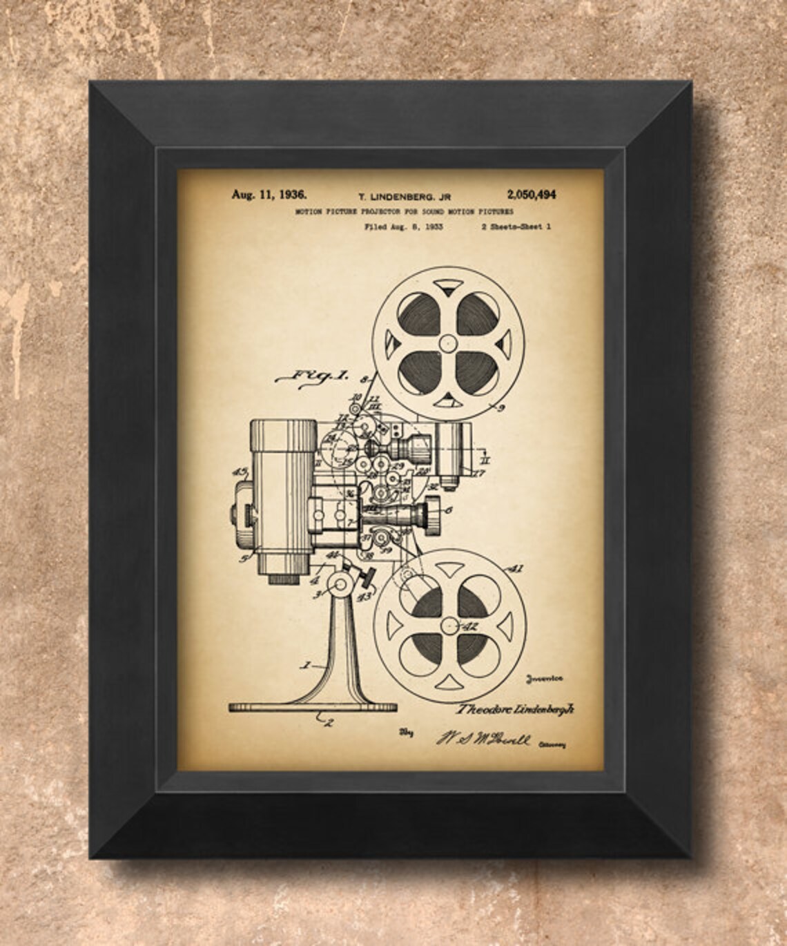 Retro 1933 Movie Projector - Vintage Art Print Poster or Canvas, Patent ...