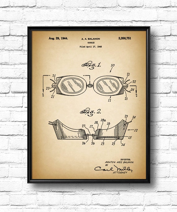 Retro 1943 Swimming Goggles - Vintage Art Print Poster or Canvas ...