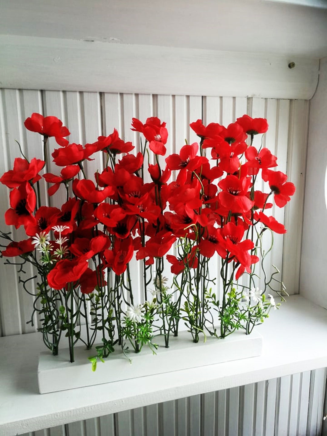 Red Poppies Decor on White Painted Wood Base Silk Big Poppies Anemone ...