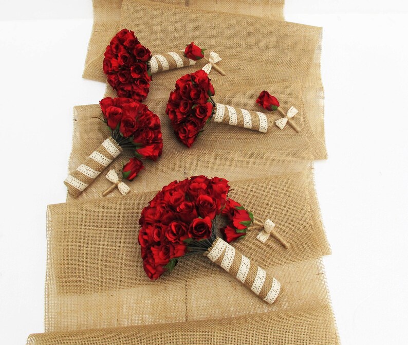 Red Roses Wedding Bouquet Set 8 Pieces Red Silk Roses Burlap - Etsy
