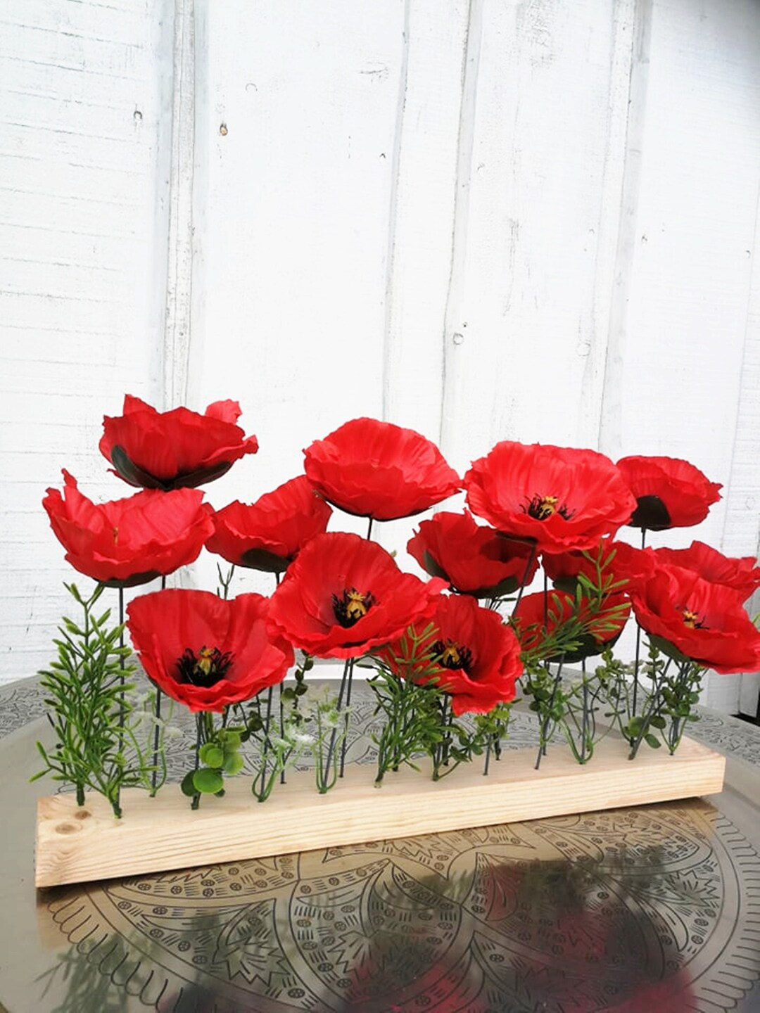 Red Poppies Decor on Natural Wood Base, Silk Big Poppies Anemones ...