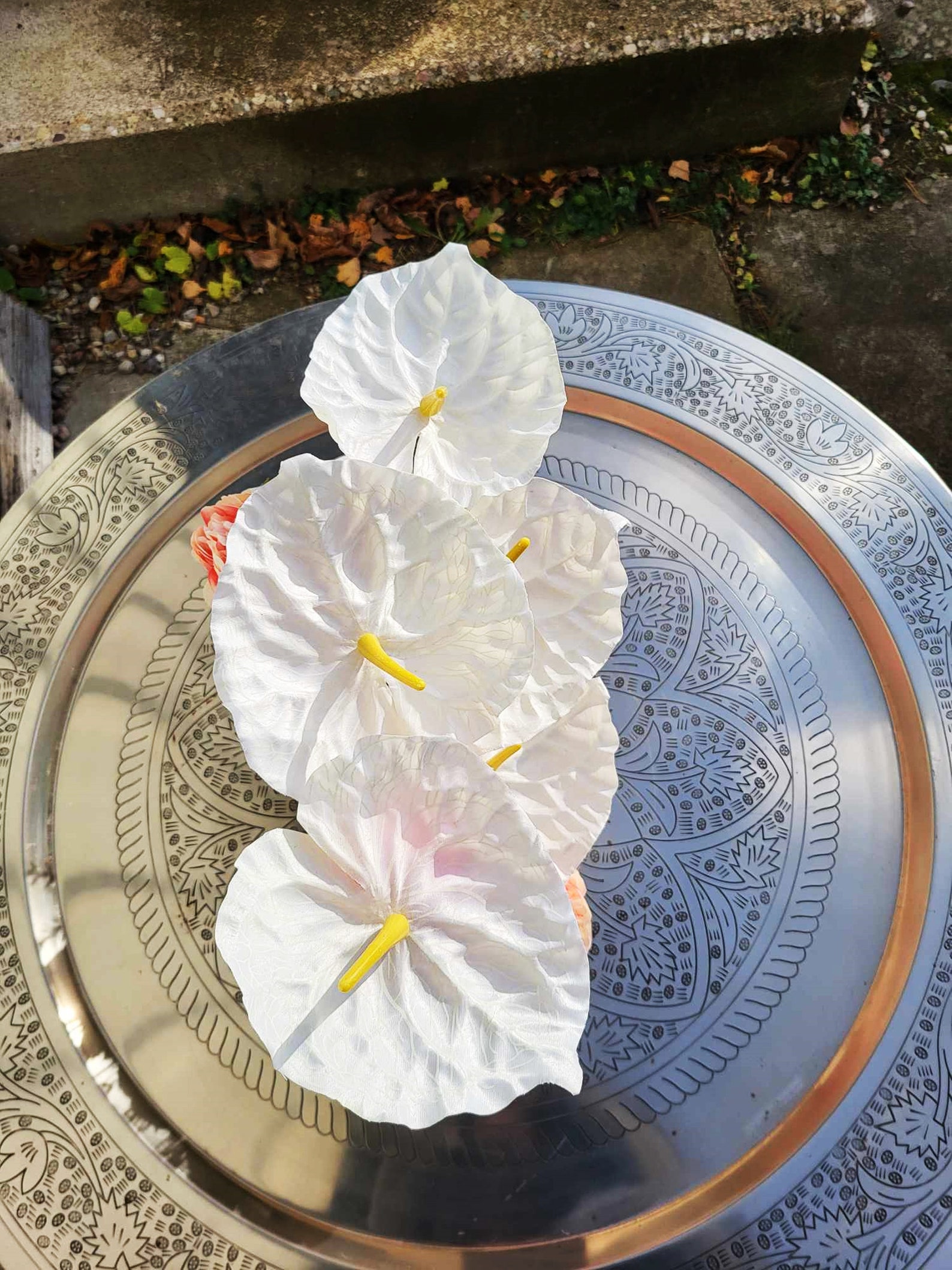 White Anthurium and Pink Roses Decor on Natural Wood Base Silk ...