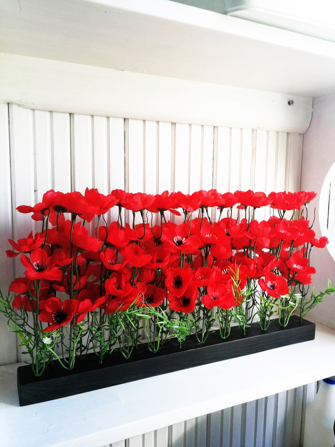 Red Poppies Decor on Black Painted Wood Base Silk Big Flowers Bar ...