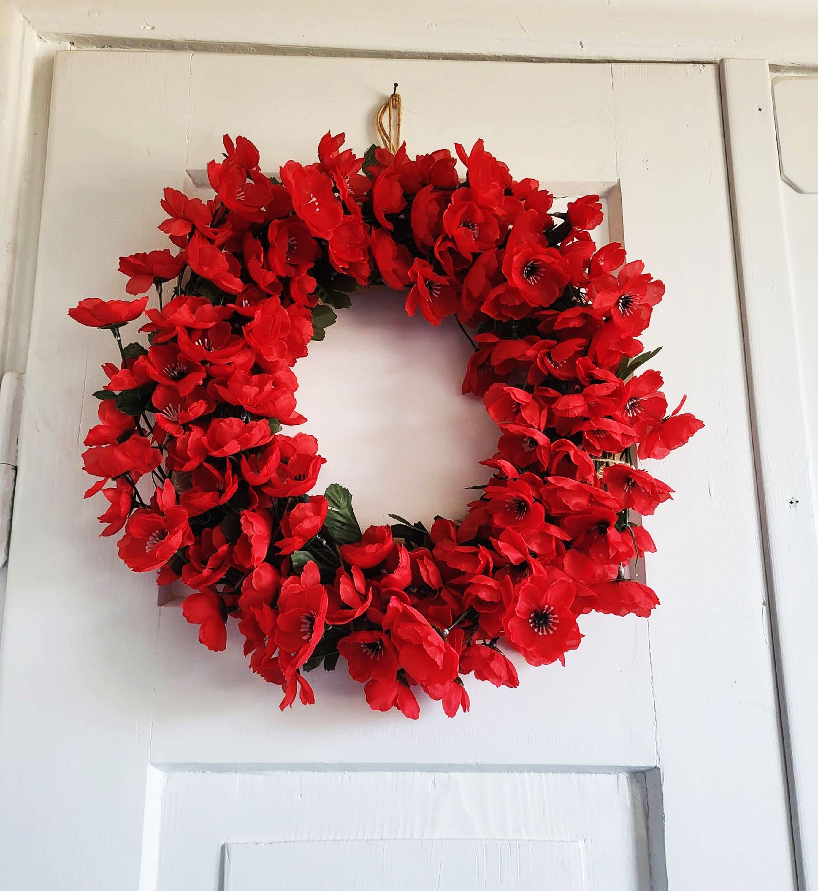 Poppies Wreath, Red Artificial Flowers Wreaths Front Door Decoration ...
