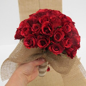 Red Roses Wedding Bouquet Set 8 Pieces Red Silk Roses Burlap Ribbon ...