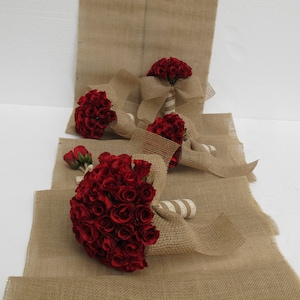 Red Roses Wedding Bouquet Set 8 Pieces Red Silk Roses Burlap Ribbon ...