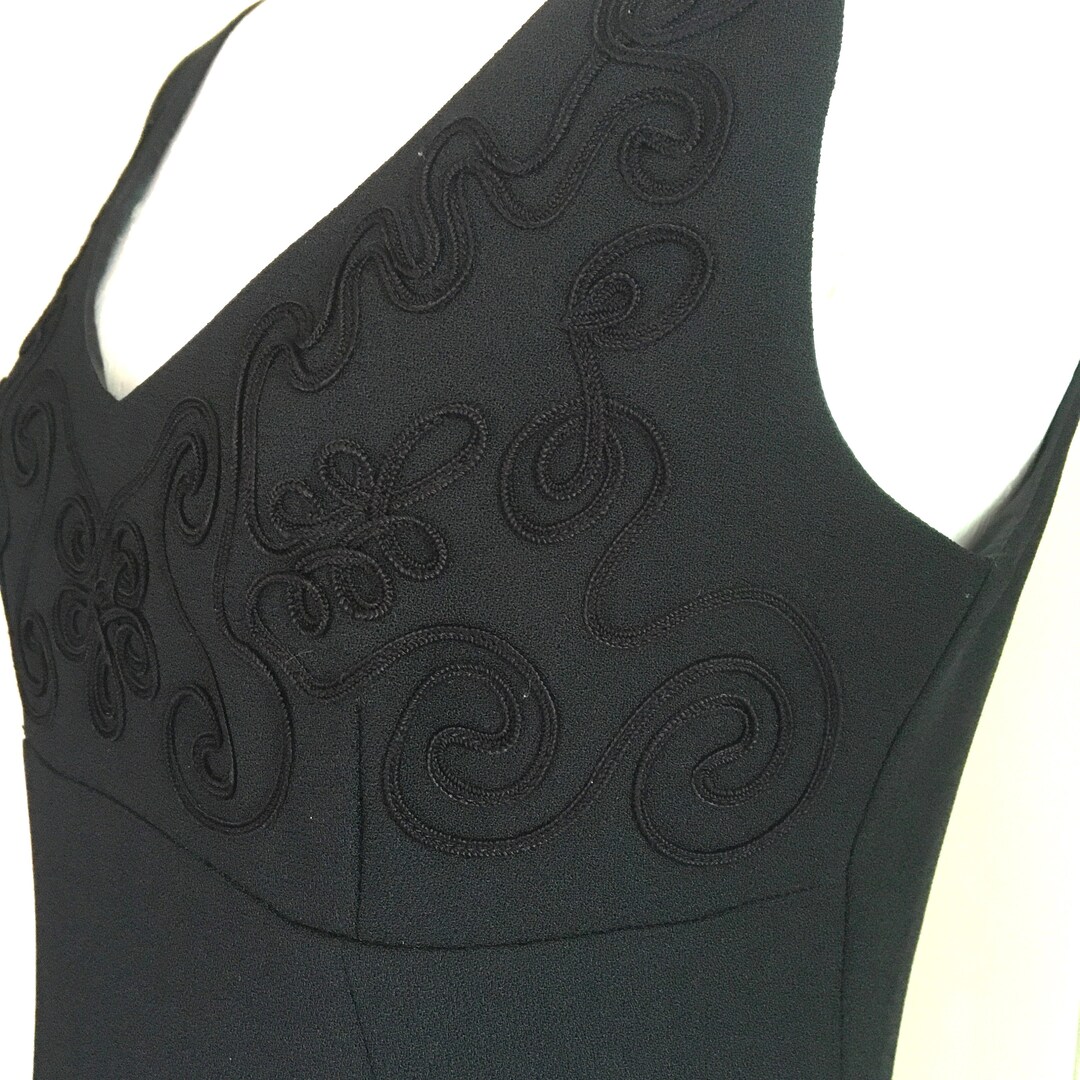 DRESS Black Maxi Sheath LBD Sleeveless Braid Ribbon Trim 1990s Vintage ...