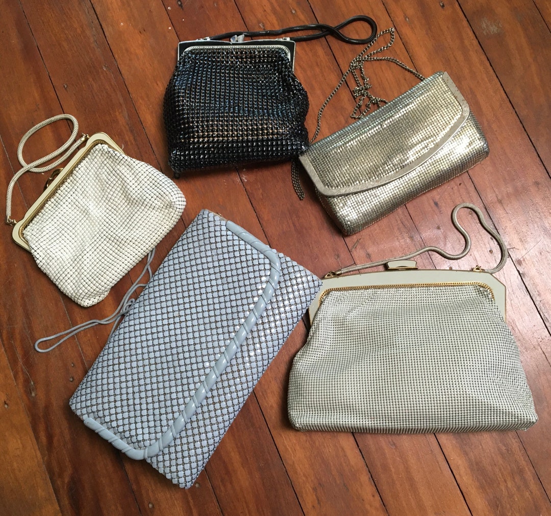 5 Vintage MESH BAGS Hand Shoulder Clutch White Black Silver Retro Metal ...