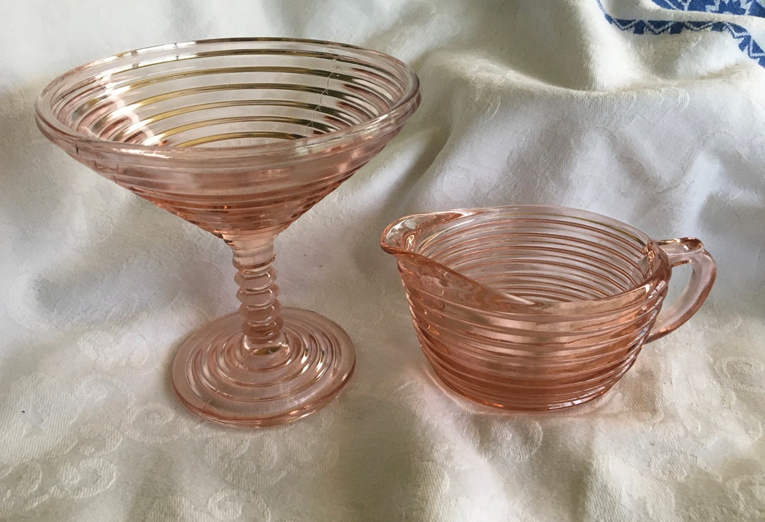 Pink Depression Glass Stemmed Bonbon Dish or Bowl & Jug Pressed Ribbed ...