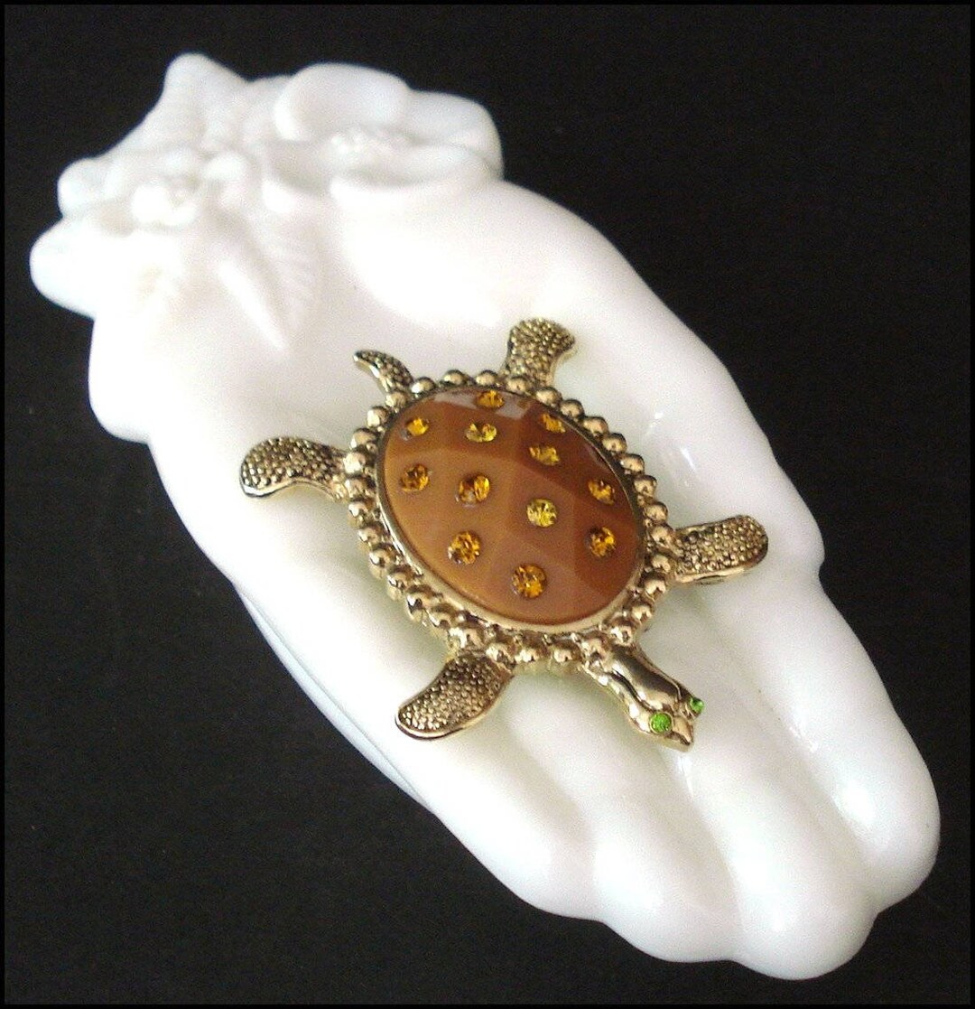 Green-eyed Turtle Pin Brown With Green and Amber Rhinestones Give as a ...