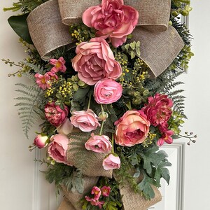 Spring Teardrop Swag, Pink Rose Floral & Burlap Swag, Mothers Day ...