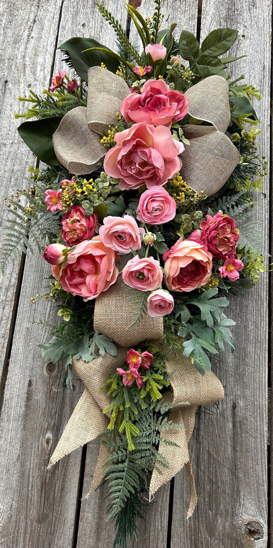 Spring Teardrop Swag, Pink Rose Floral & Burlap Swag, Mothers Day ...
