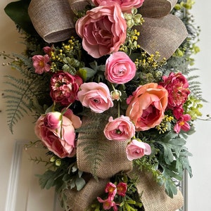 Spring Teardrop Swag, Pink Rose Floral & Burlap Swag, Mothers Day ...