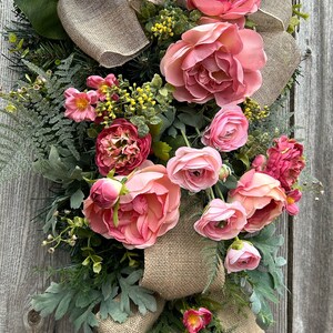 Spring Teardrop Swag, Pink Rose Floral & Burlap Swag, Mothers Day ...