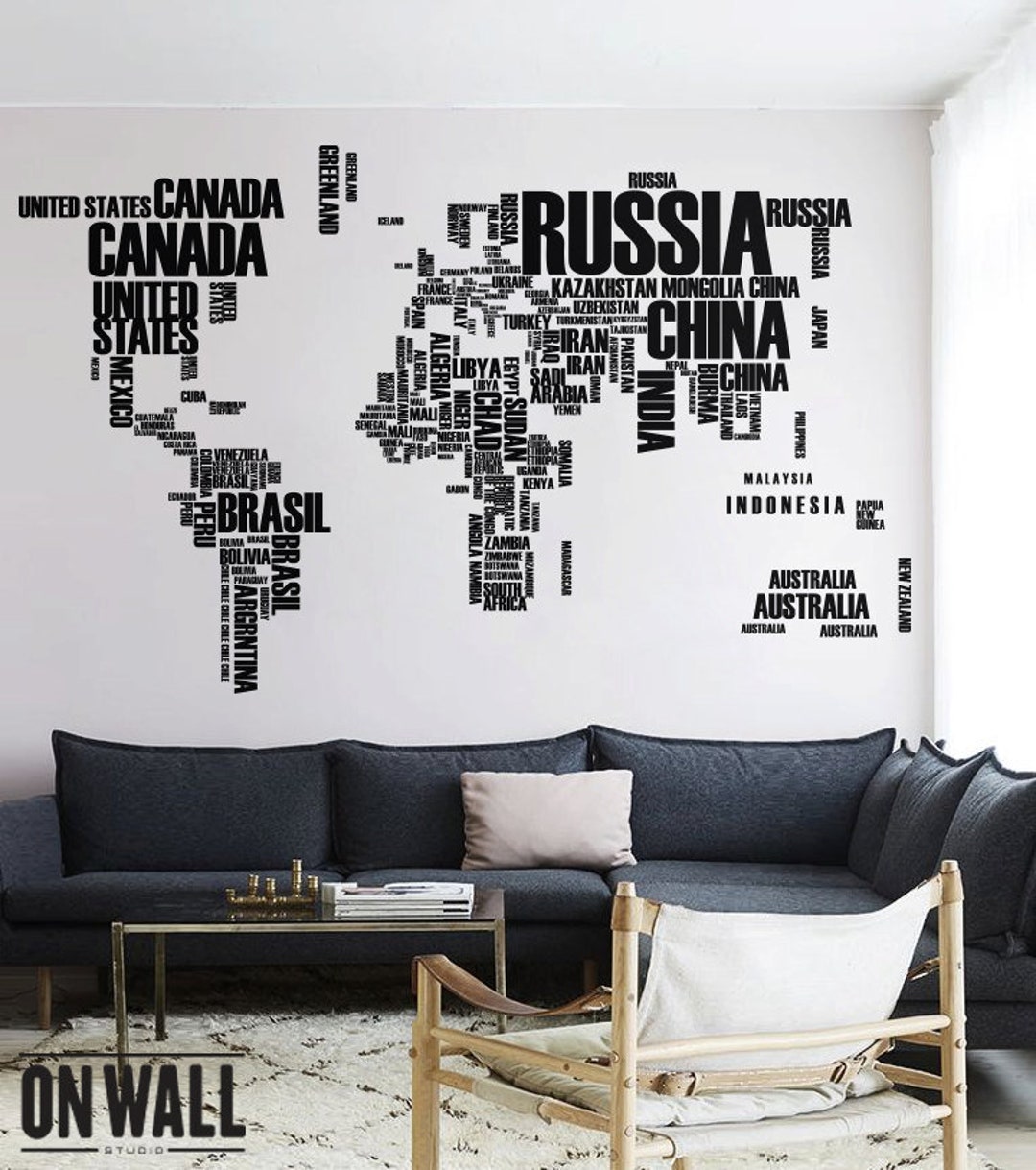 Large World Map Wall Decal With All Country Names - Globe Vinyl Art ...