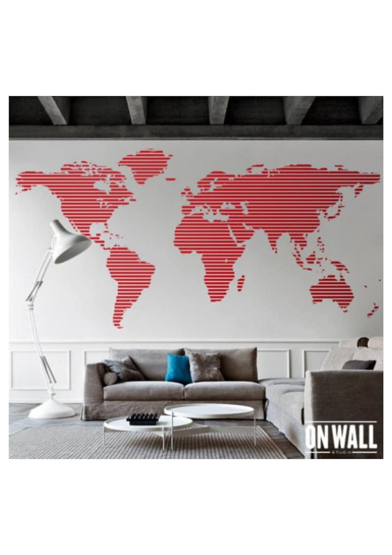 WORLD MAP DECAL World Map Wall Art Striped Vinyl Work Room - Etsy