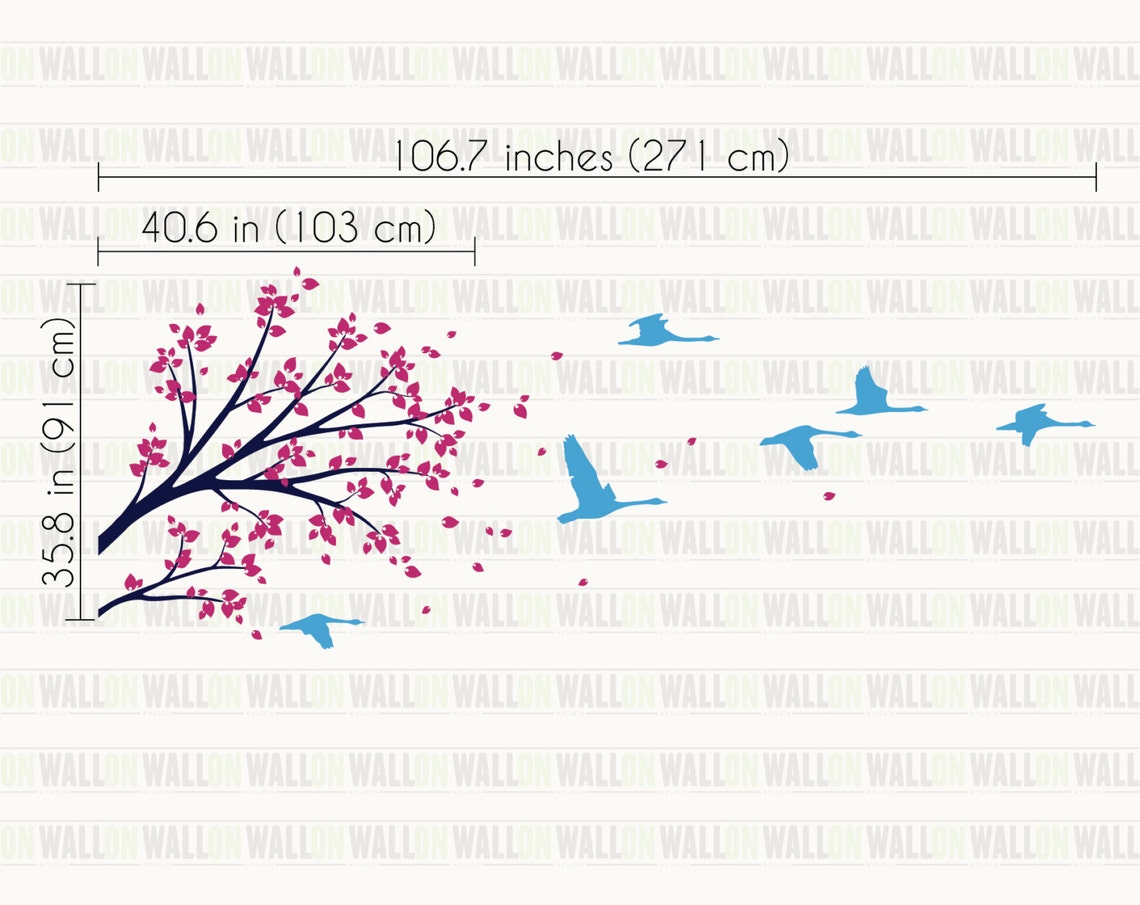 TREE WALL DECAL Set With Crane Stickers Calming Wall Mural | Etsy