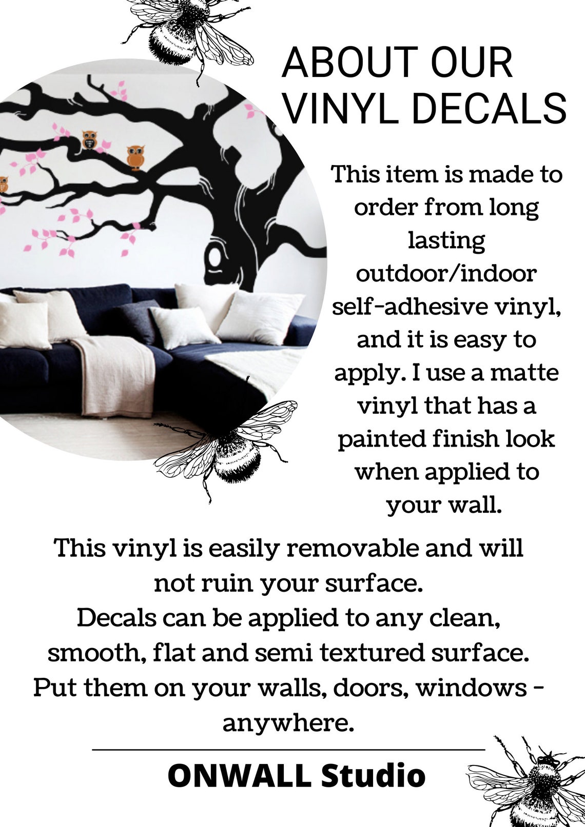 Large Black Tree Vinyl Decal With Owls Nature and Whimsy - Etsy