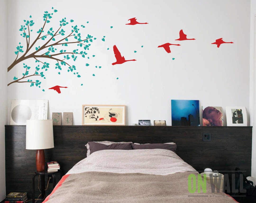 TREE WALL DECAL - Set With Crane Stickers - Calming Wall Mural - MM030 ...