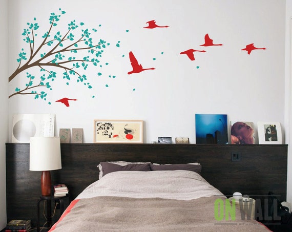 TREE WALL DECAL Set With Crane Stickers Calming Wall Mural | Etsy