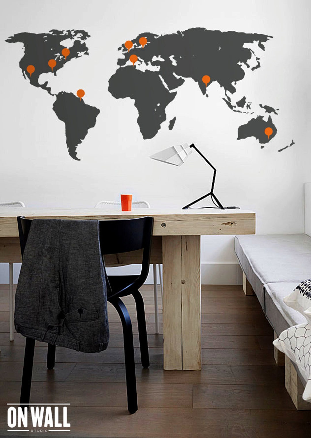 PUSH PIN DECAL- Large World Map Wall Sticker With Point Signs ...