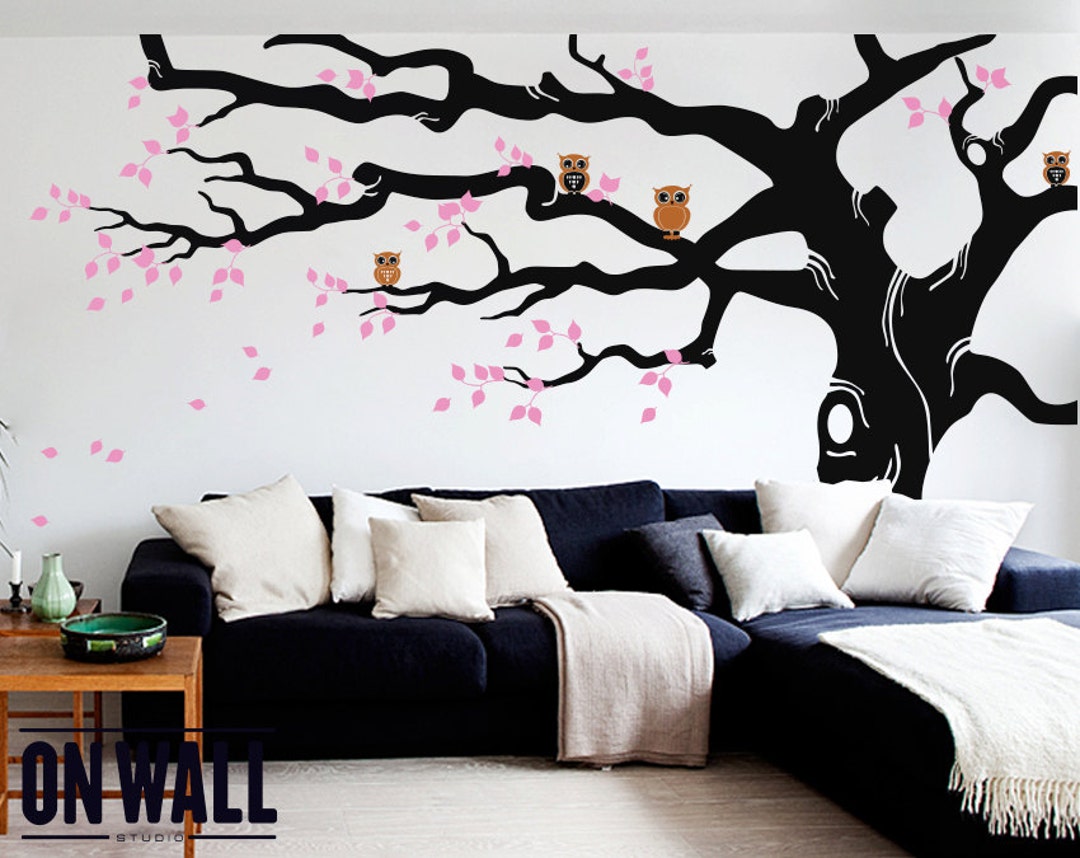 Large Black Tree Vinyl Decal With Owls | Nature and Whimsy Wall Art ...