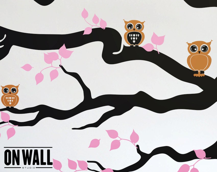 Large Black Tree Vinyl Decal With Owls | Nature and Whimsy Wall Art ...