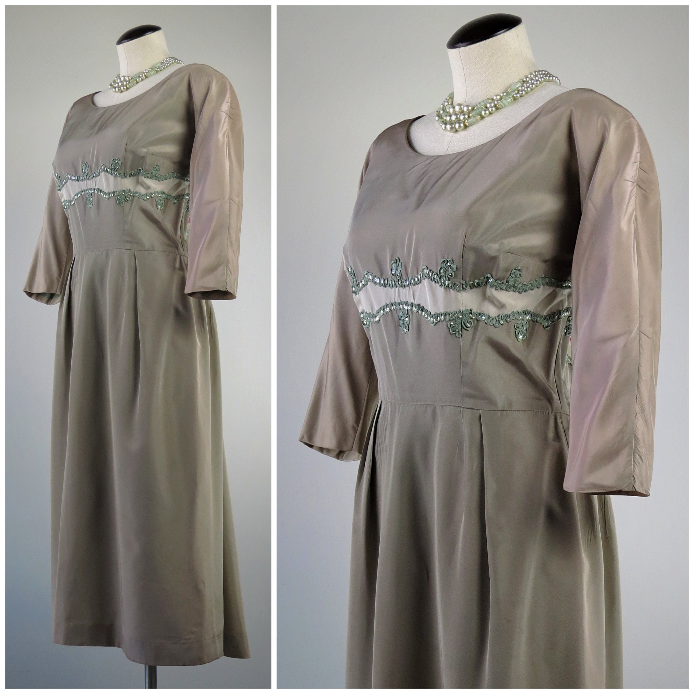 Vintage 1950s Dove Grey Taffeta Bustle Midi Sheath Dress - SIZE M to L ...