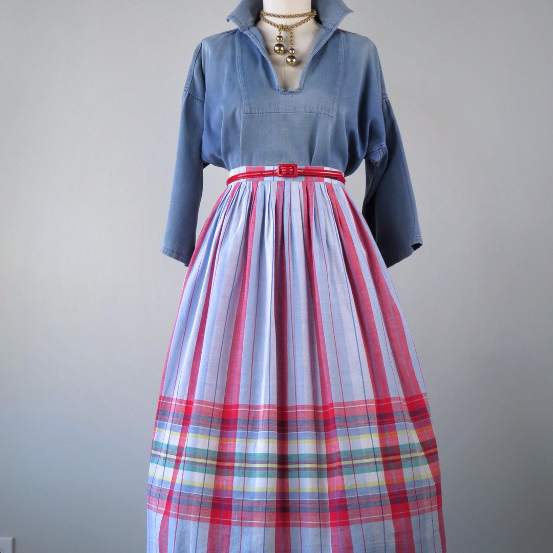 Vintage 1960s Bleeding Madras Plaid Pleated Midi Skirt - 28" Waist ...