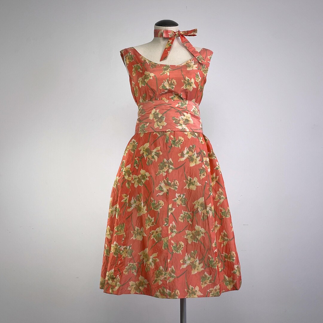 Vintage 1950s Silk Cocktail Dress Obi Sash Belt & Tie - SIZE XS - 50s ...