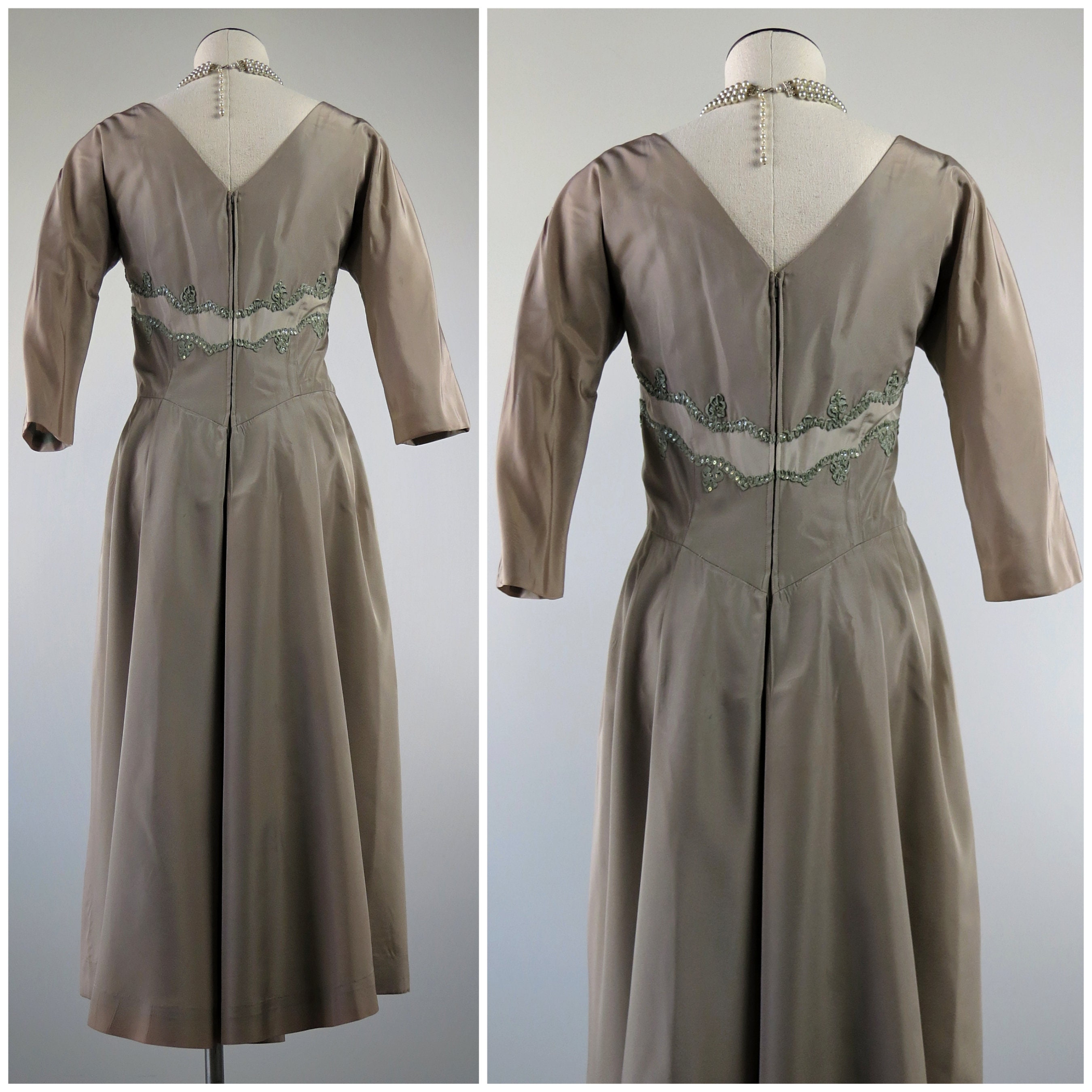 Vintage 1950s Dove Grey Taffeta Bustle Midi Sheath Dress - SIZE M to L ...