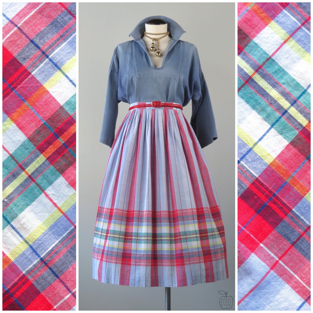 Vintage 1960s Bleeding Madras Plaid Pleated Midi Skirt 28 Waist Fit ...