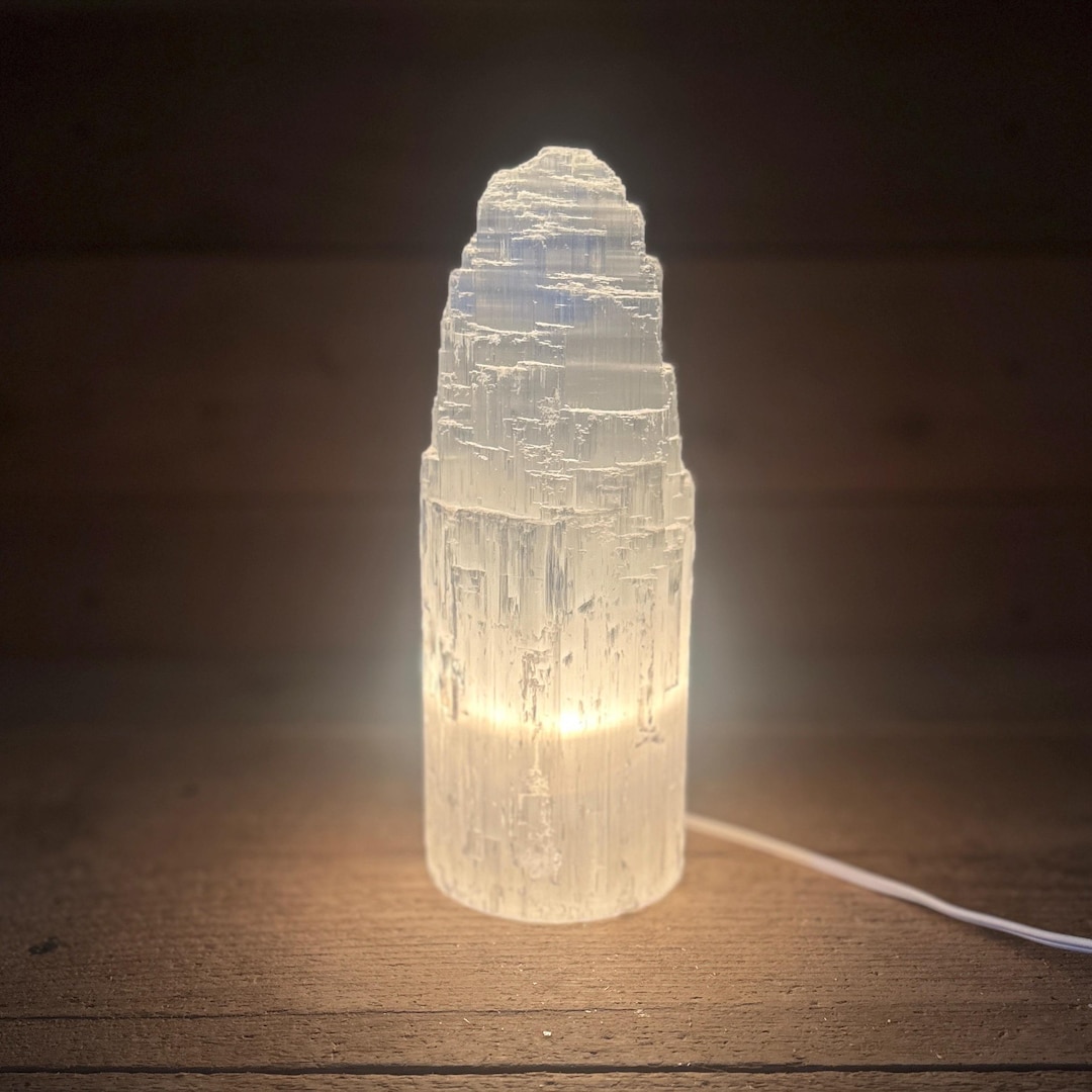 10” Large Selenite Crystal Skyscraper Lamp W/ Cord & Bulb - Etsy