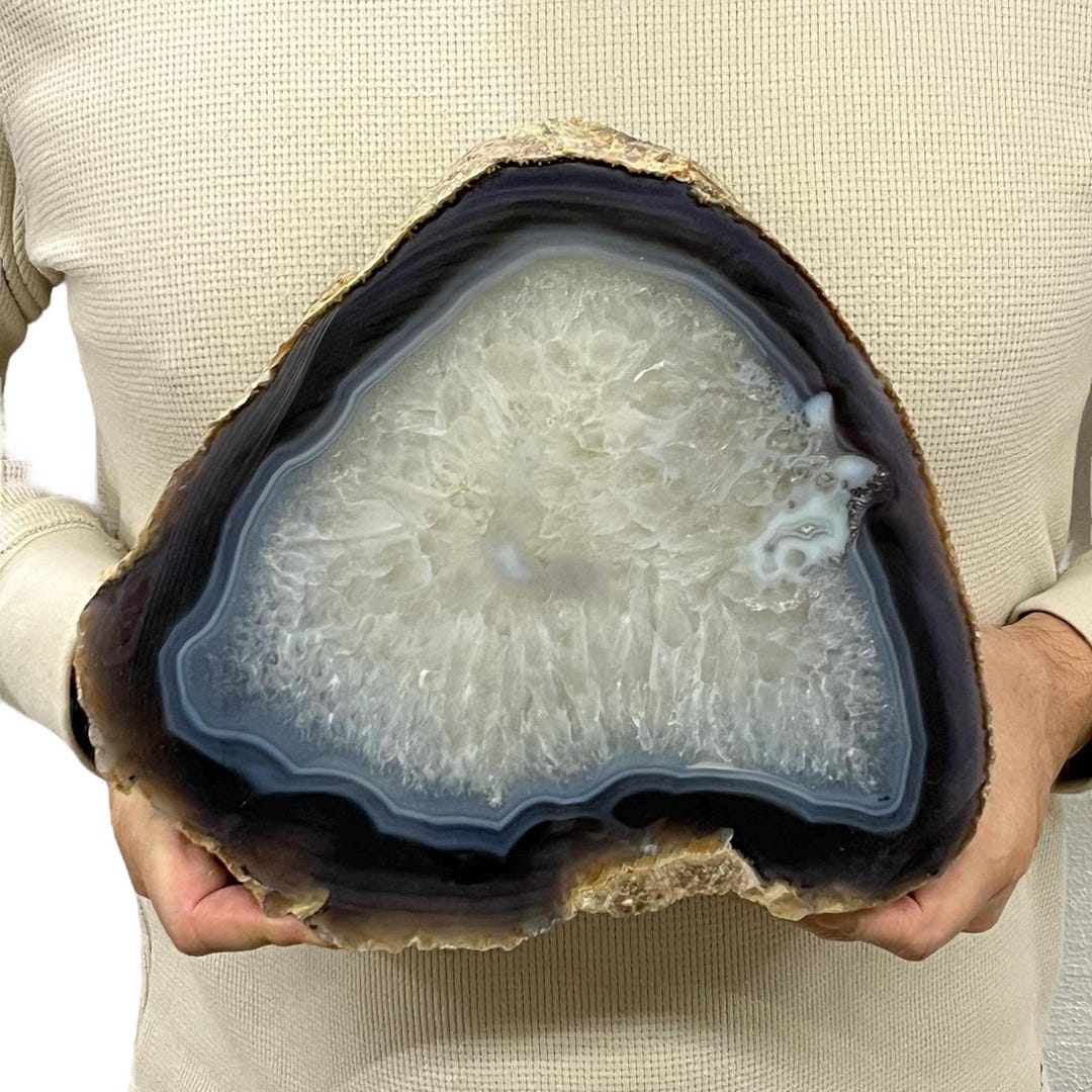 Large Agate Slab Slice Thick W/ Metal Stand Natural Black Grey Clear ...