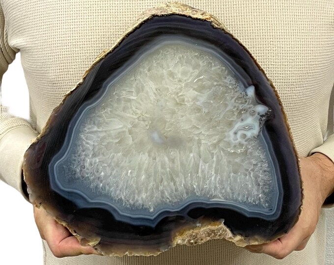 Large Agate Slab | Slice - Thick W/ Metal Stand - Natural Black Grey ...