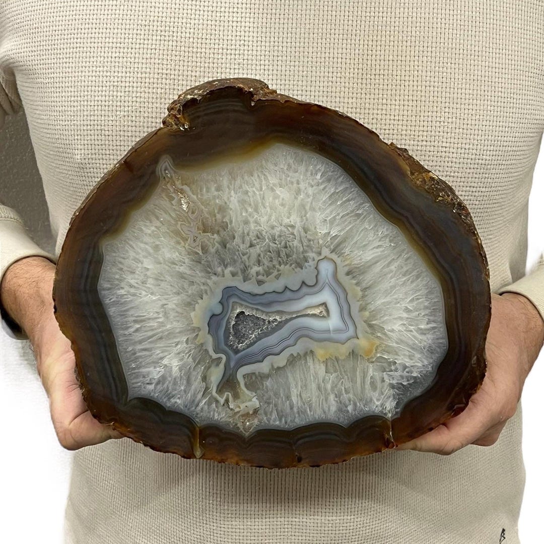 Large Agate Slab | Slice - Thick W/ Metal Stand - Natural Blue Brown ...