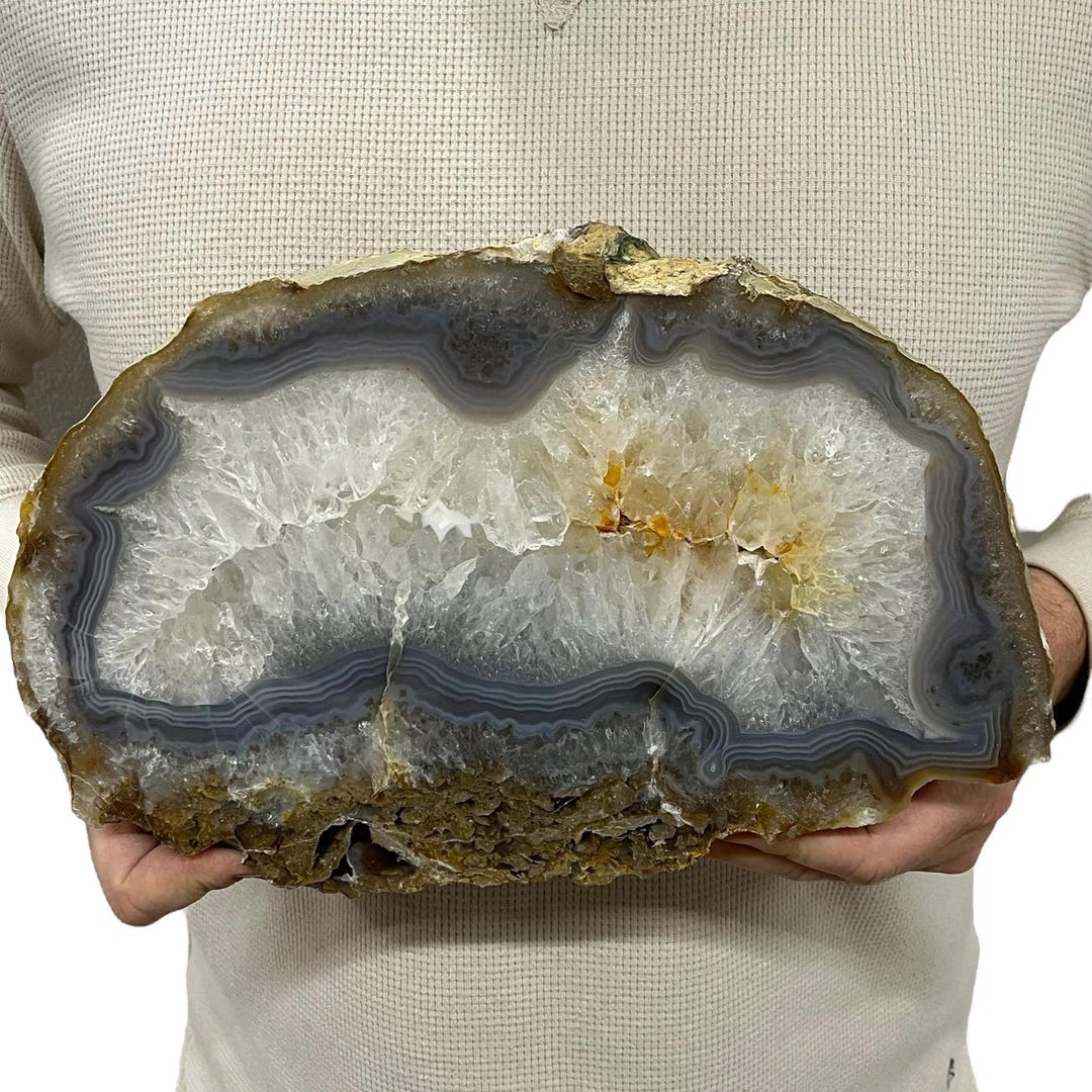 Large Agate Slab | Slice - Thick W/ Metal Stand - Natural Grey Brown ...