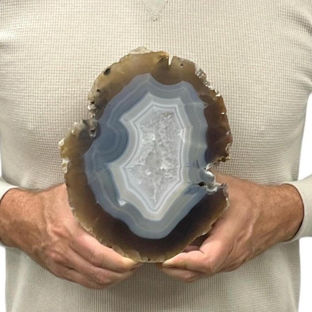 Large Agate Slab | Slice - Thick W/ Metal Stand - Natural Blue Brown ...