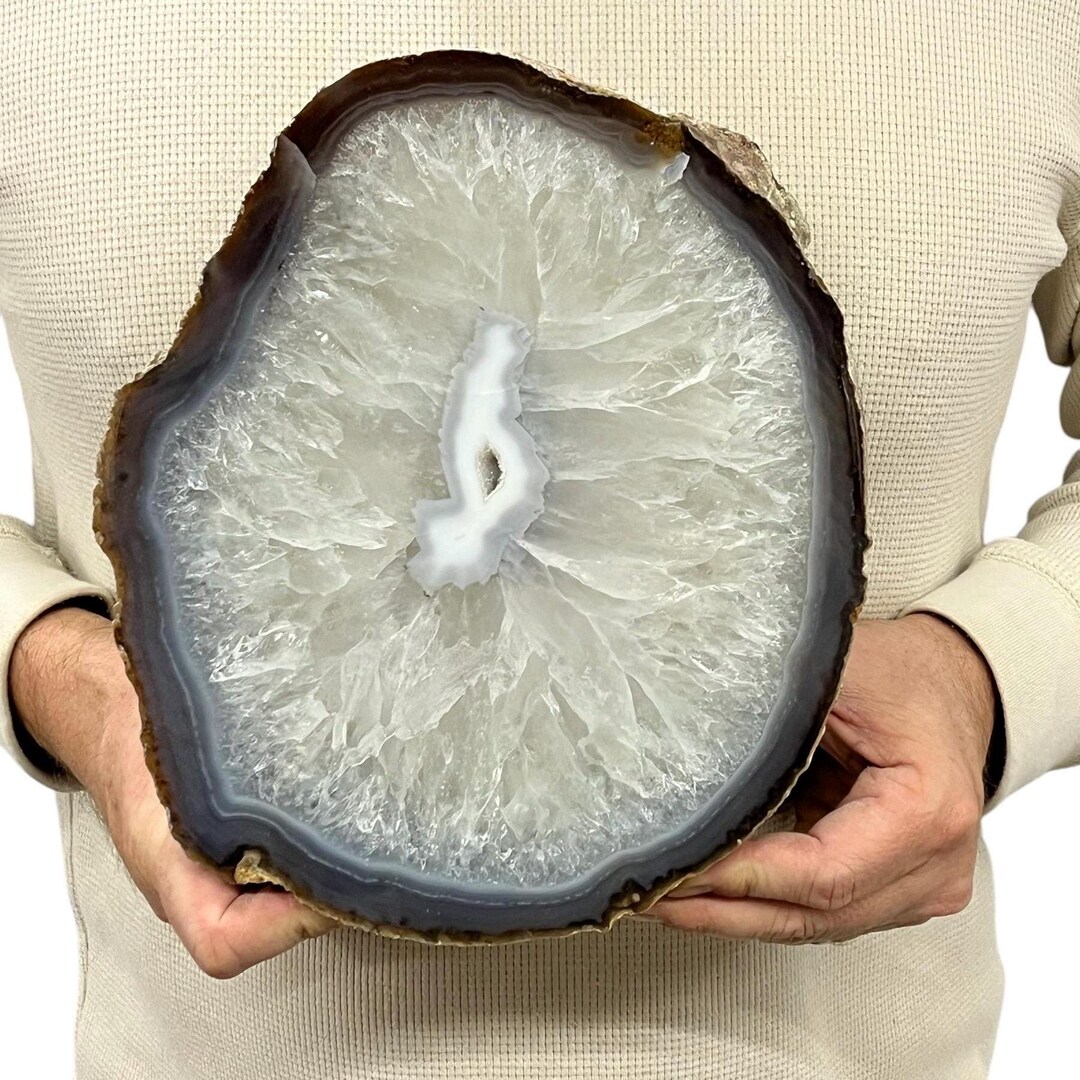 Large Agate Slab Slice Thick W/ Metal Stand Natural Grey White Clear ...