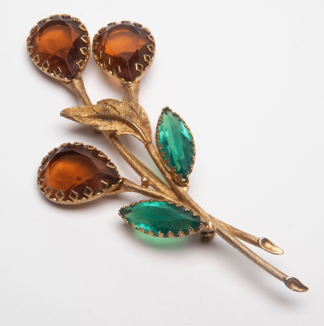 Vintage Large Pin Brooch 3 Topaz Glass Flowers on a Gold Stem With ...