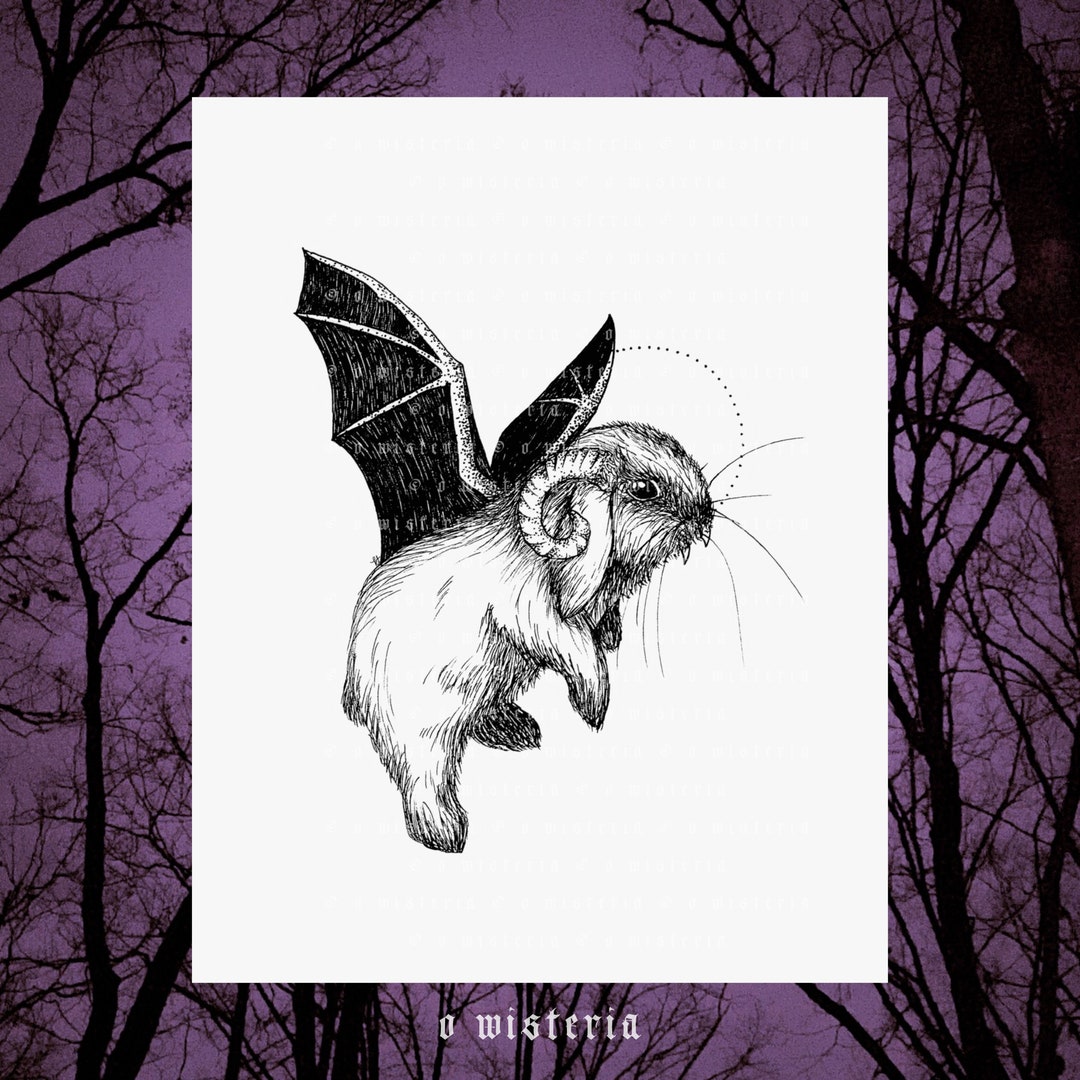 Cryptid Print Winged Rabbit Matte Art Poster Spooky Cute Bunny Original ...